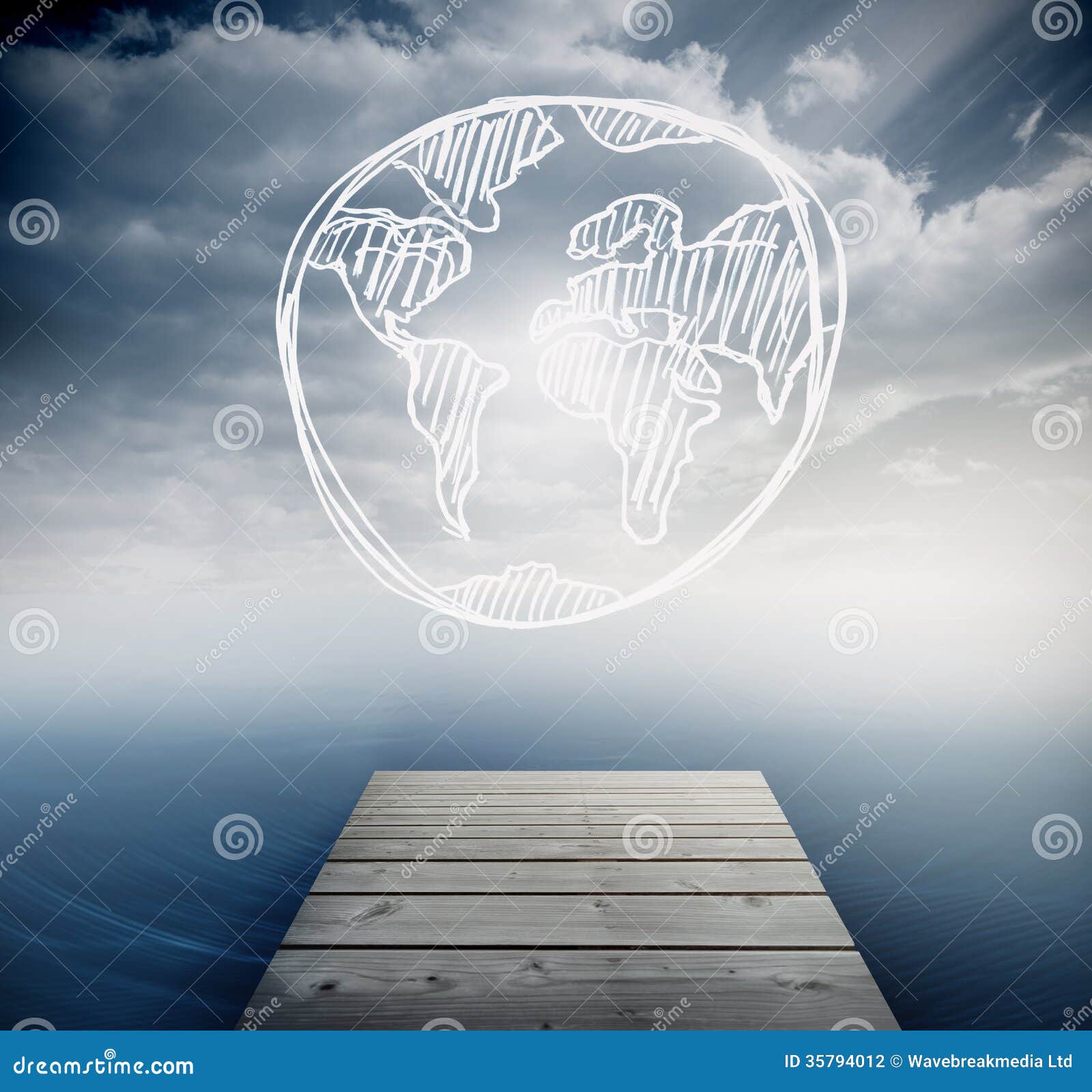 White Drawn Earth Over Sky and Ocean Stock Illustration - Illustration ...