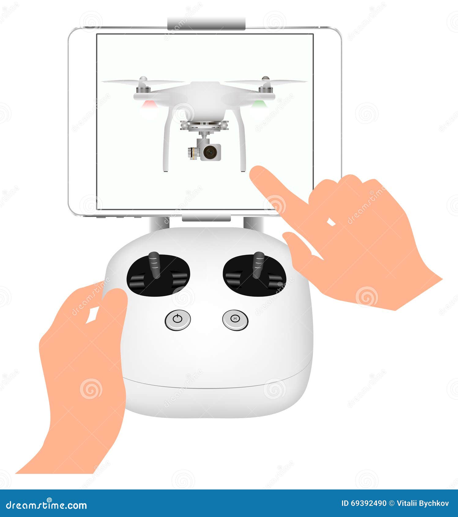 White Drone with with Digital Camera for Aerial Photography on Tablet ...