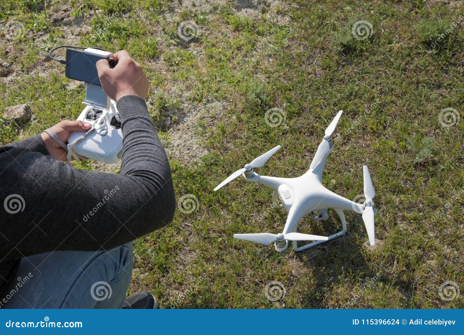 White Drone with Digital Camera Flying in Sky Over Mountain Operation ...
