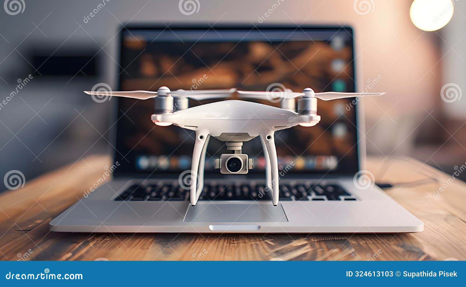 A White Drone with Propellers Extended is Positioned on the Keyboard of ...