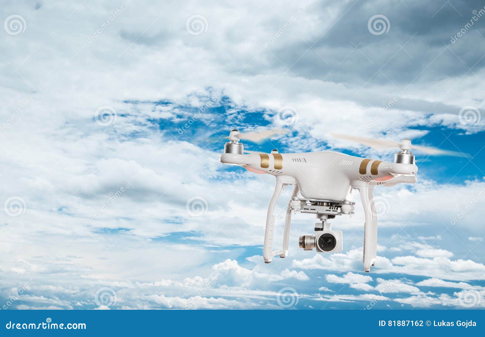 White Drone Quad Copter with High Resolution Digital Camera Flying ...