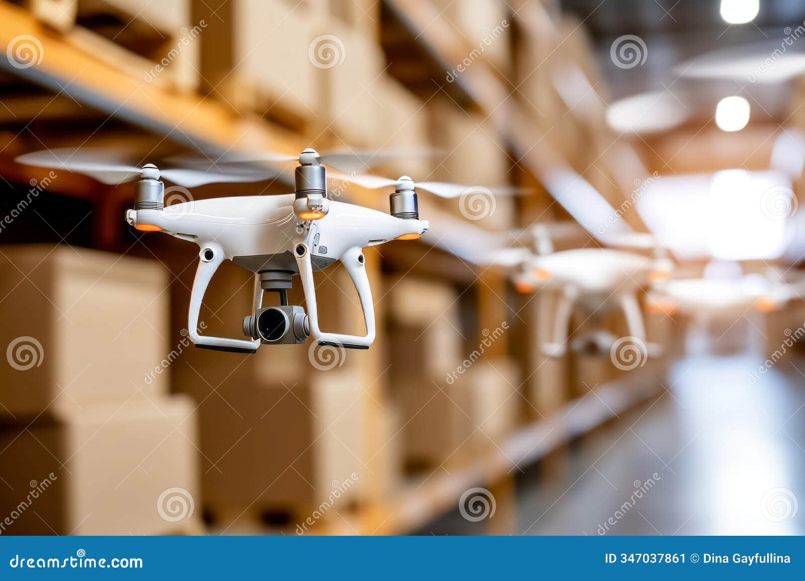 White Drones Flying through Warehouse, Scanning Packages with Cameras ...