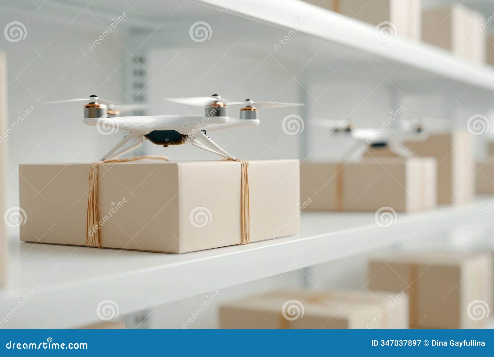 White Drones Flying through Warehouse, Scanning Packages with Cameras ...
