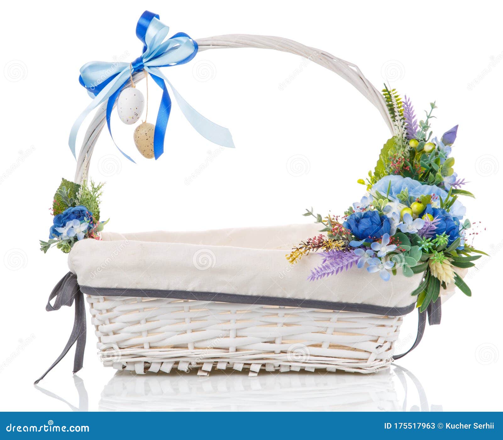 White Easter Basket with Decor of Blue Flowers, Ribbons and Decorative ...