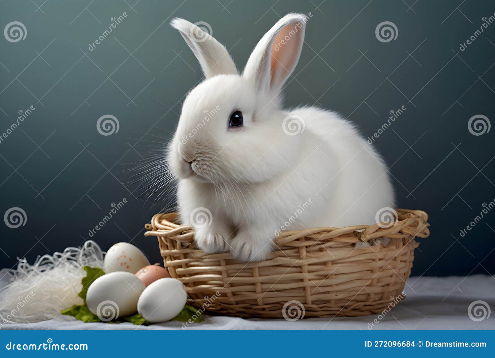 White Easter Bunny with Eggs on a Blue Background, Generative AI Stock ...