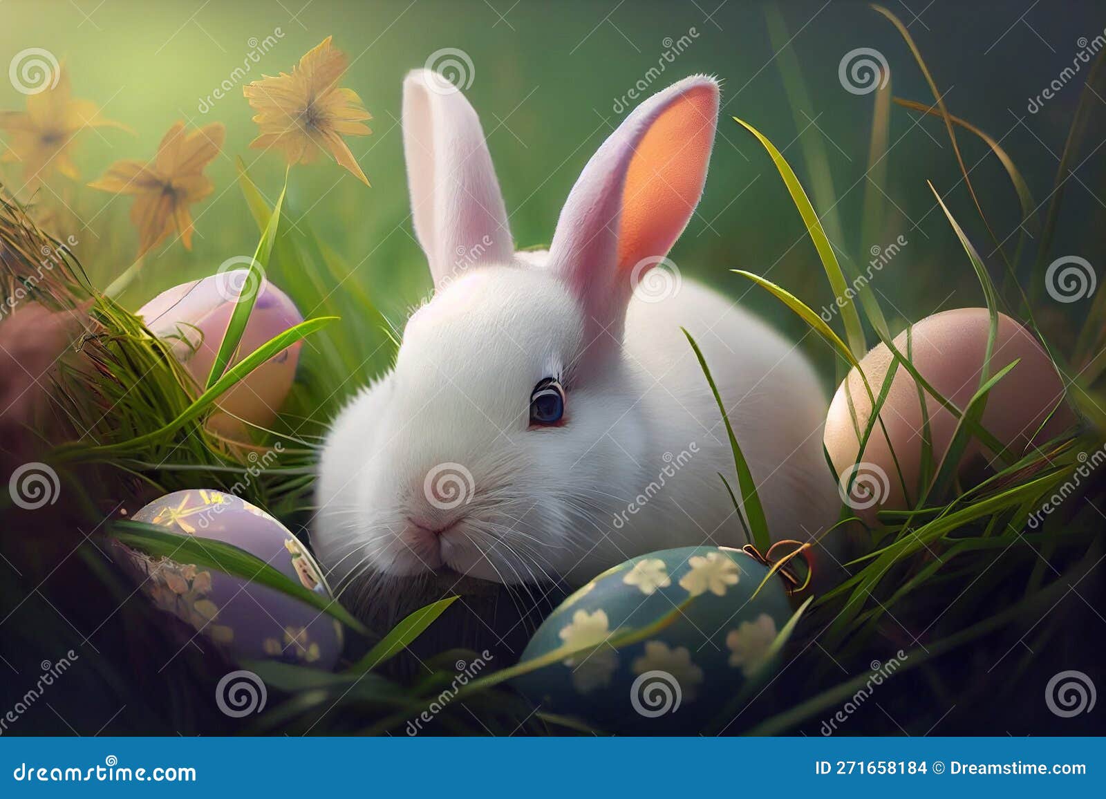 White Easter Bunny in the Grass with Easter Eggs, Generative AI Stock ...