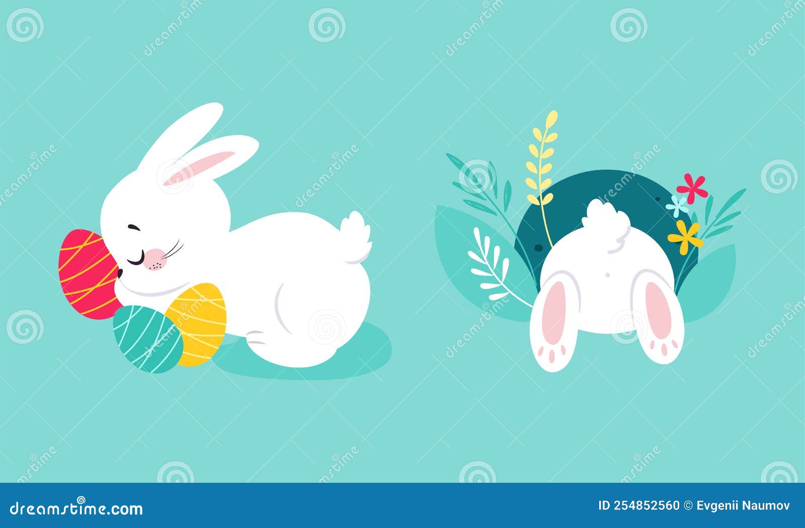 White Easter Bunny Sleeping with Colorful Egg and in Burrow on Blue Background Vector Set Stock ...