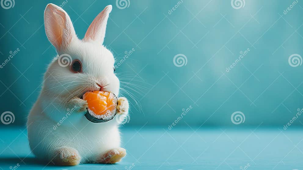 White Easter Bunny and Sushi on a Blue Background, with Extra Space for ...