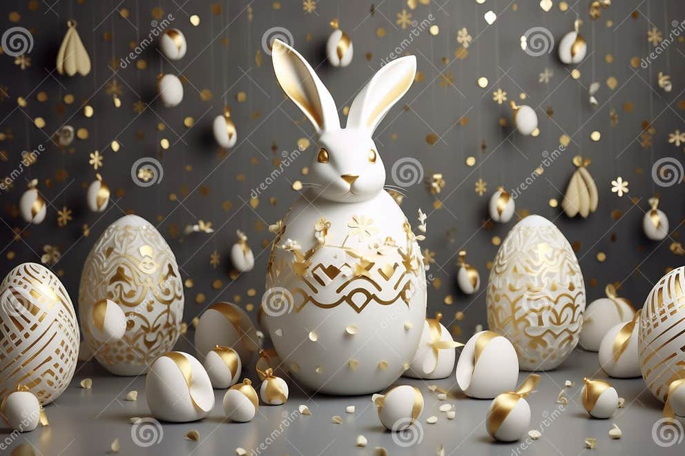 White Easter Eggs with a Golden Pattern with Rabbits. Trend. Concept of ...