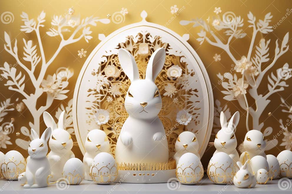 White Easter Eggs with a Golden Pattern with Rabbits. Trend. Concept of ...