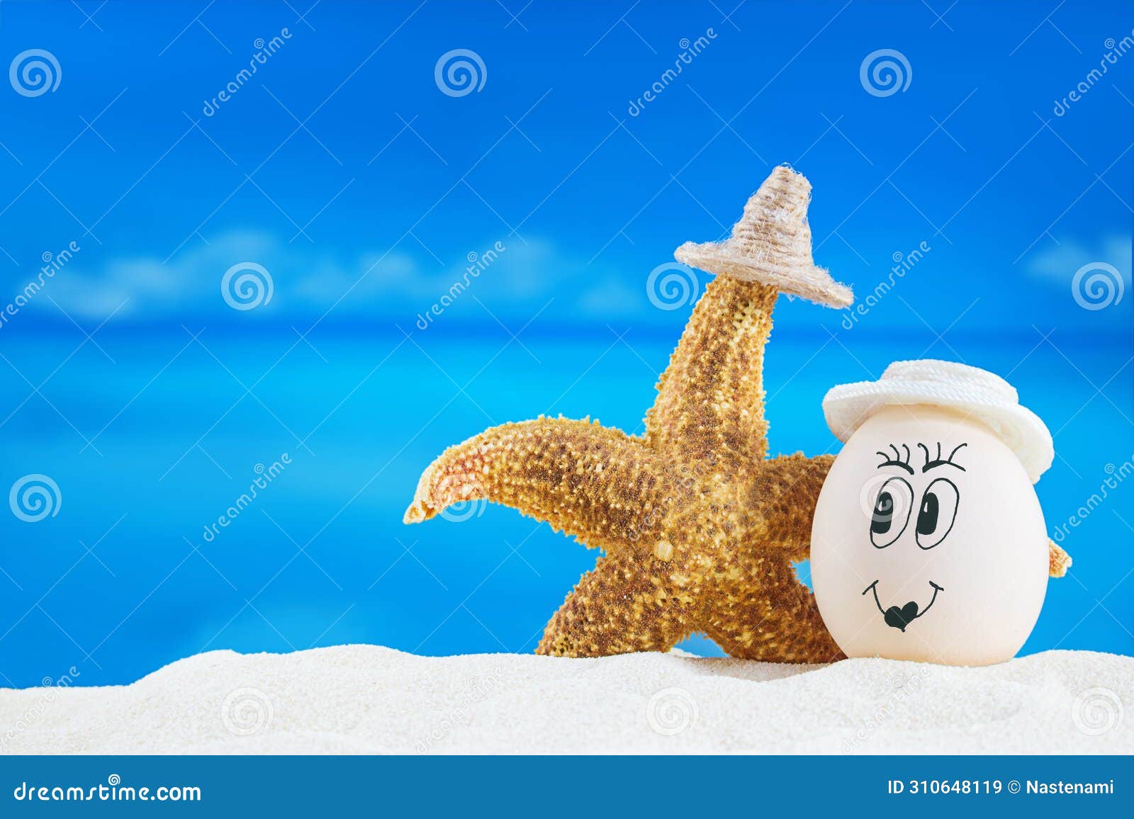 White Egg with Smile Hugs Starfish on Sea . Easter in Hot Countries ...