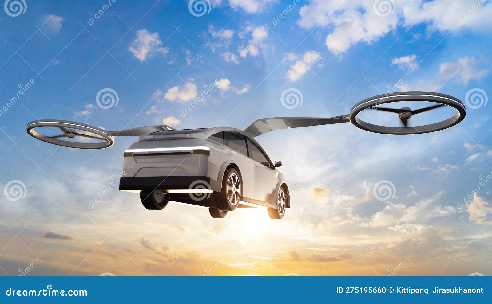 Electric Flying Car Soaring Autonomously With Headlights In Sunset Glow ...