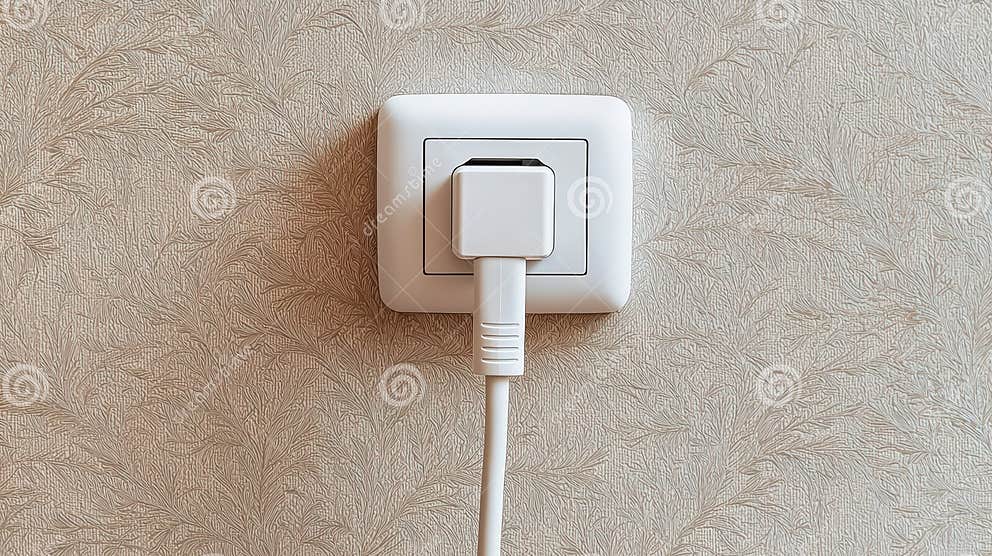 White Electrical Outlet with Plug on Light Textured Wall Surface Stock ...