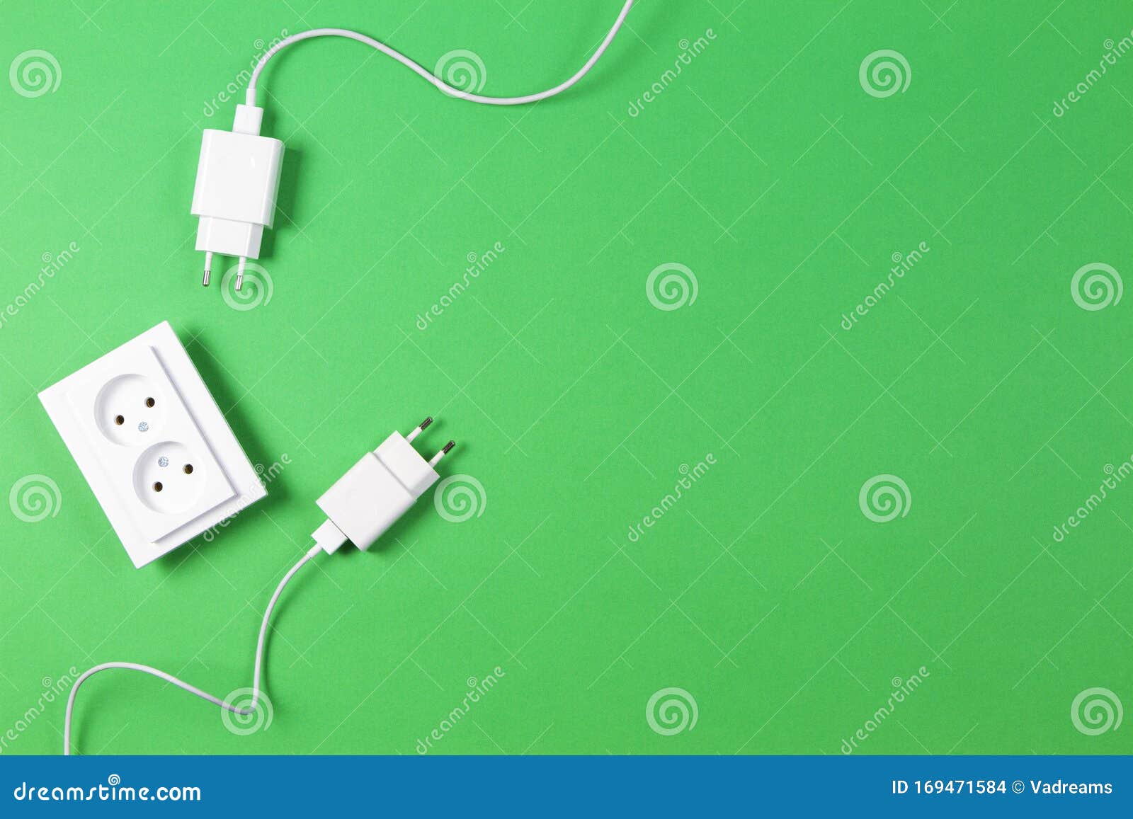 White Electrical Power Sockets and Power Plug on Light Green Background ...