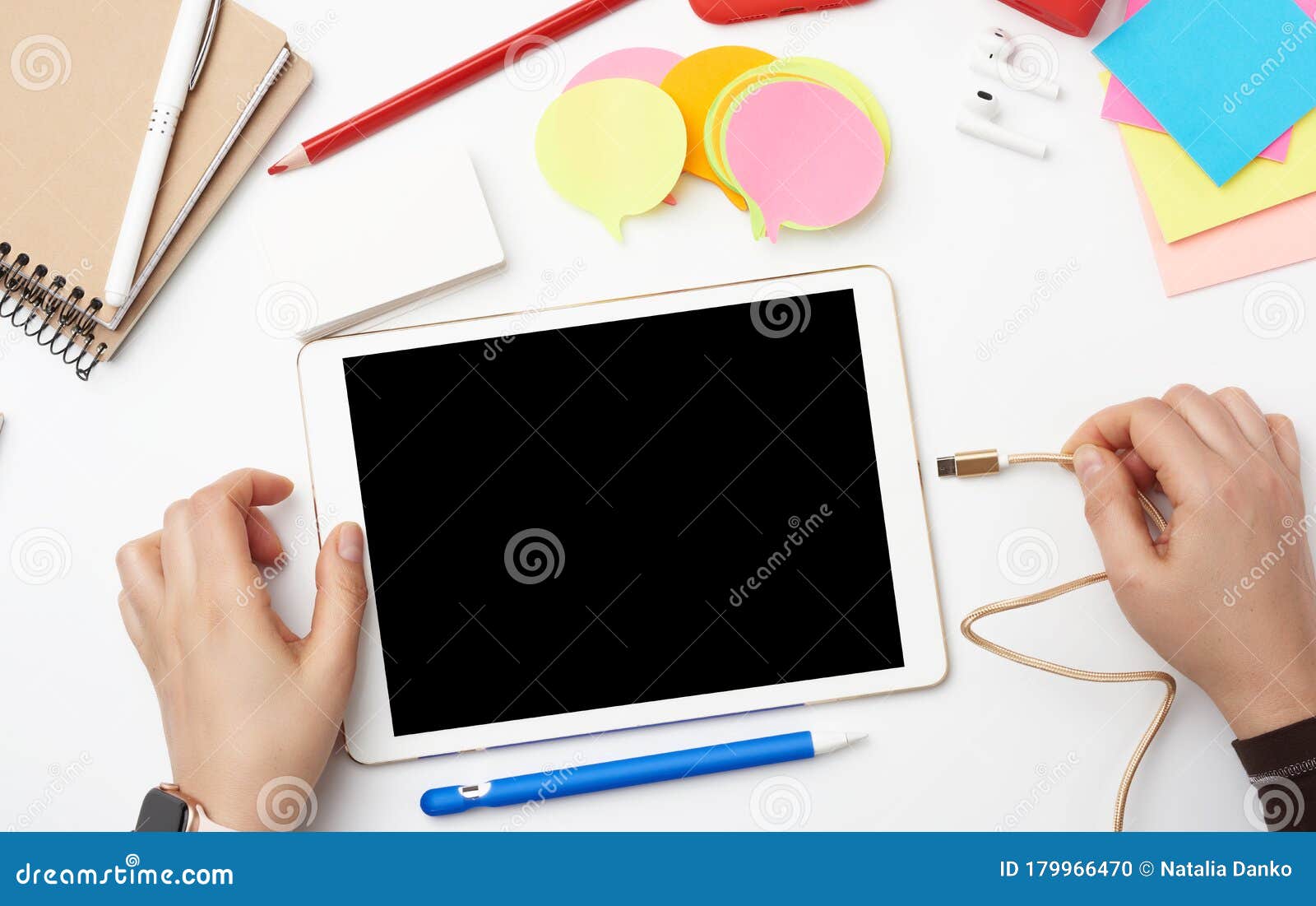 White Electronic Tablet and Two Hands, the Process of Working or ...