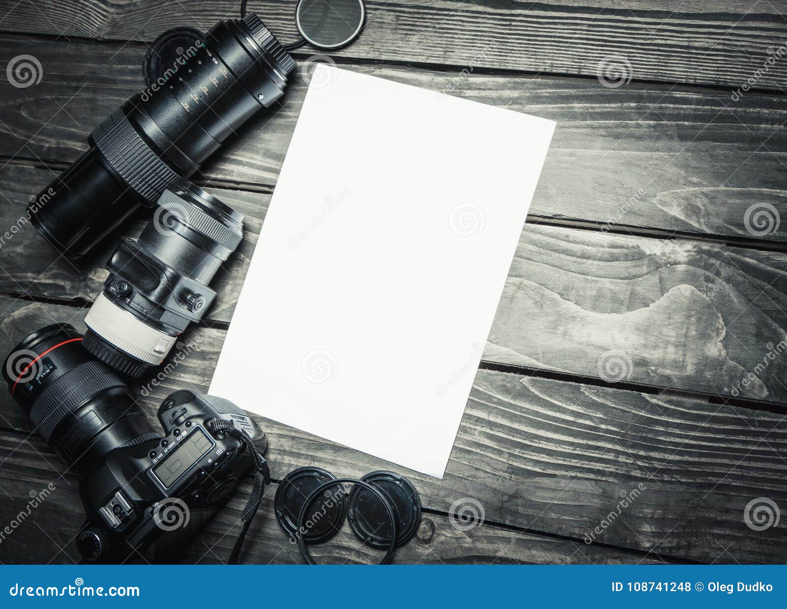 White Empty Card with Camera on Grey Wooden Stock Photo - Image of ...