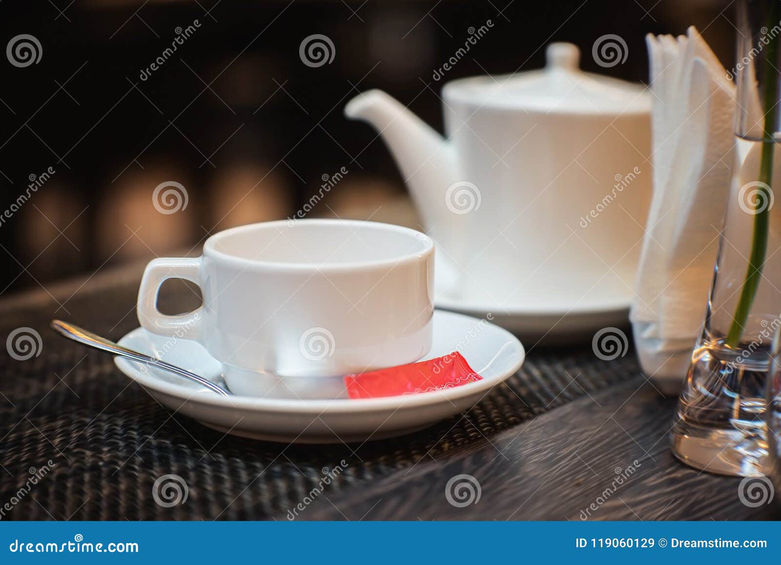 White Empty Cup and Spoon for Tea and Red Tea Bag with Teapot in Stock ...