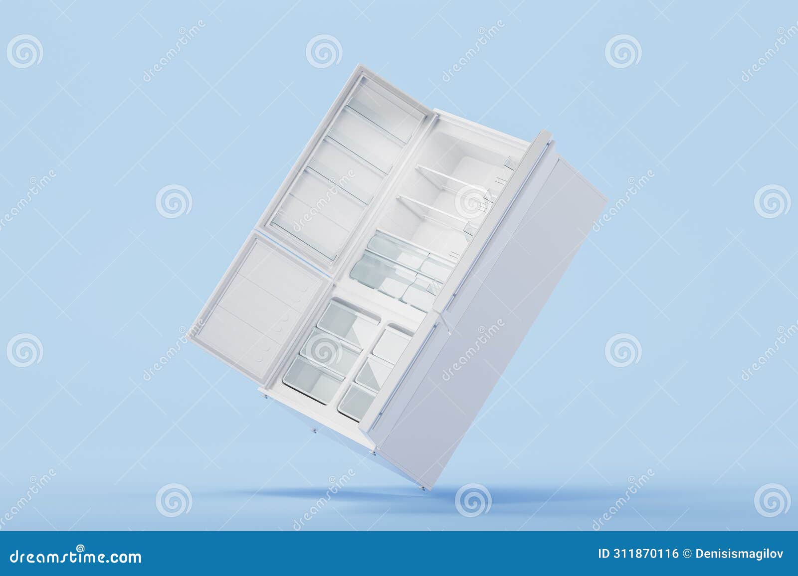 White Empty Double Door Opened Fridge On Light Blue Background Stock ...