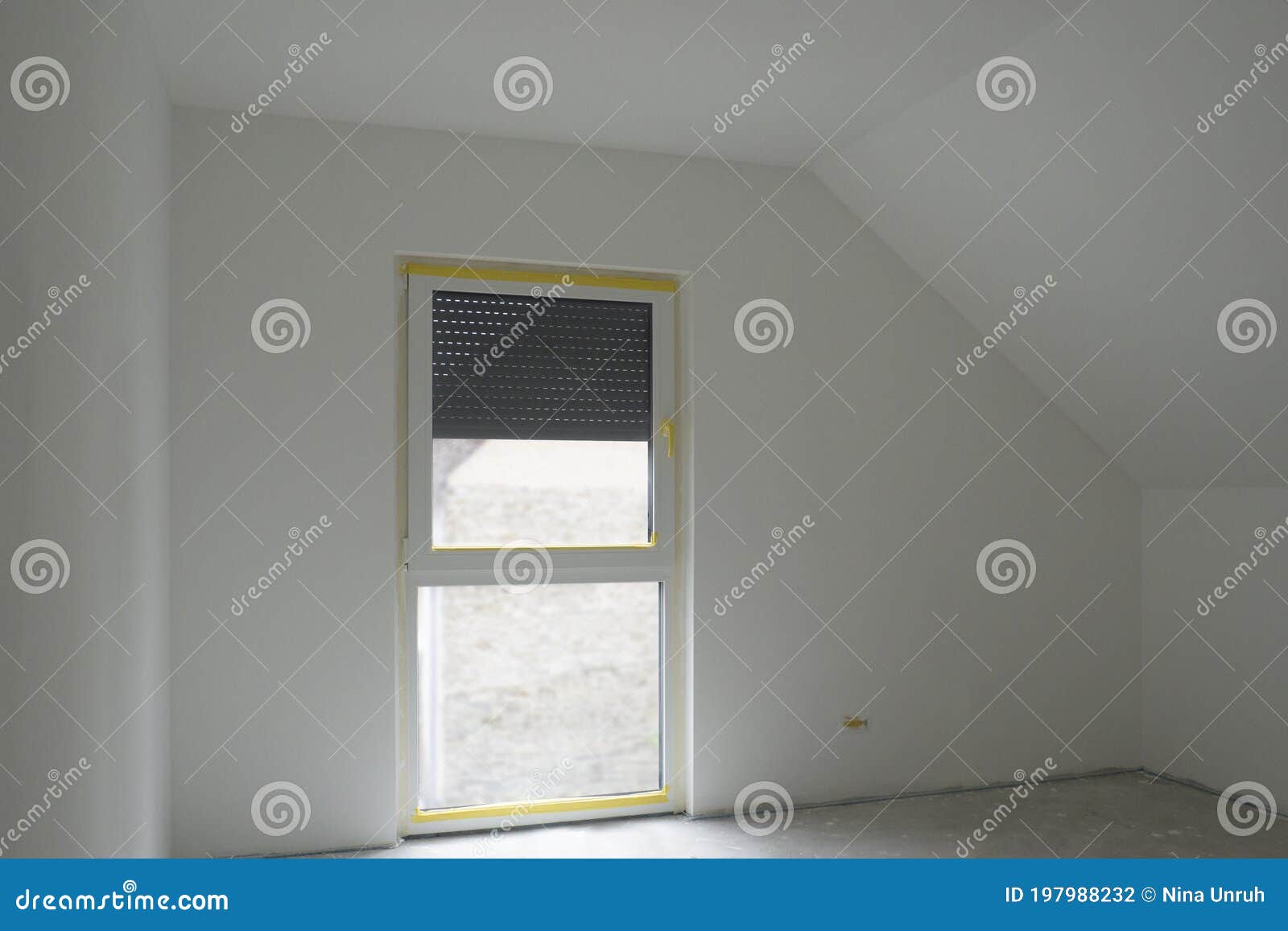 White Empty Ready-to-paint Room With Attic Ceiling,French Window ...