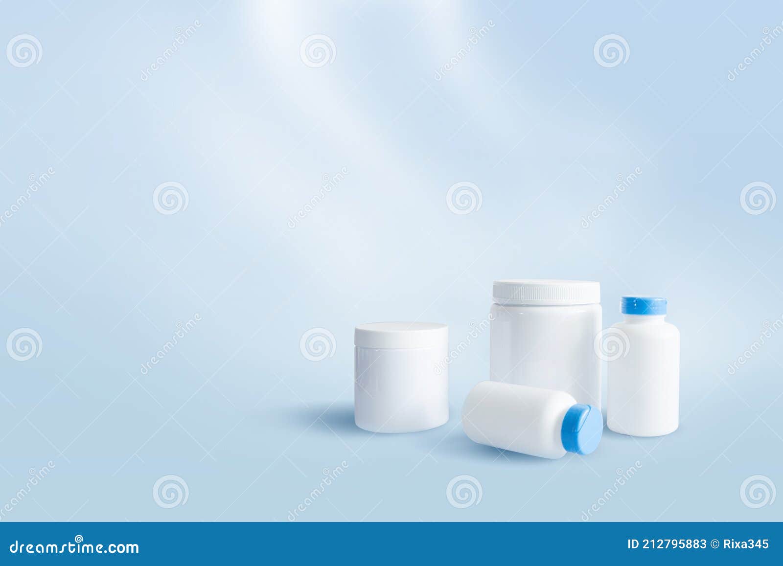 White Empty Sports Nutrition Containers on Blue Background Stock Image ...