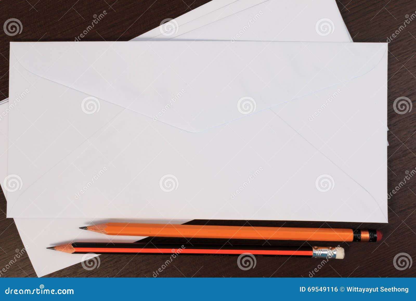 White Envelopes with Pencil on Wooden Table. Stock Photo - Image of ...