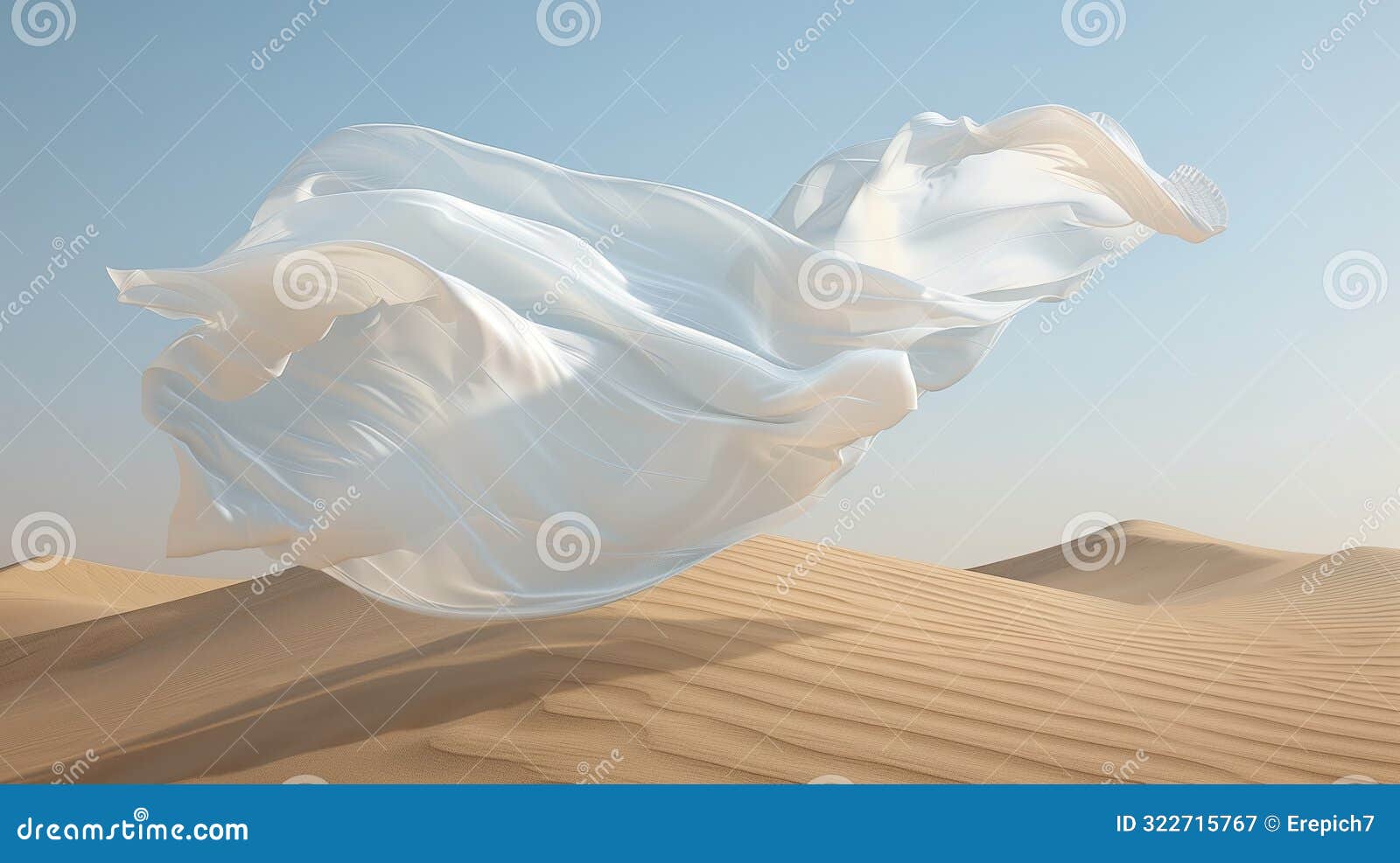 White Fabric Flying in the Wind in the Desert. 3d Rendering Stock ...