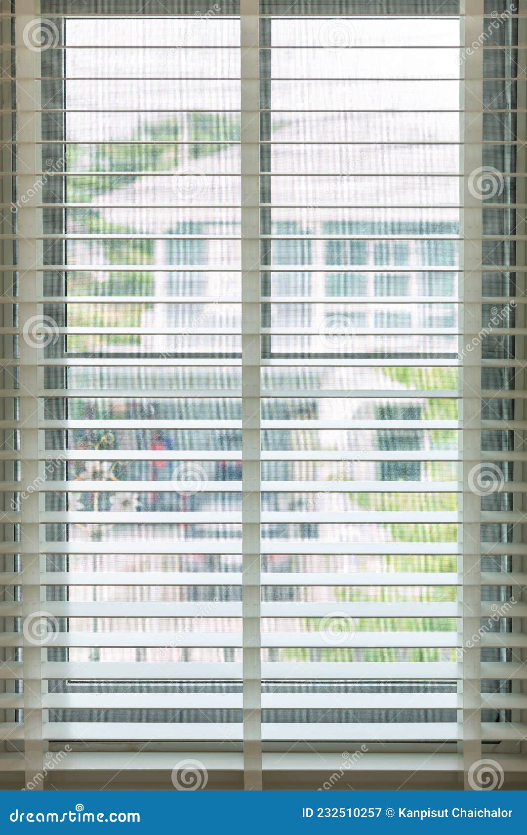 White Fabric Roller Blinds On The Plastic Window With Wood Texture ...