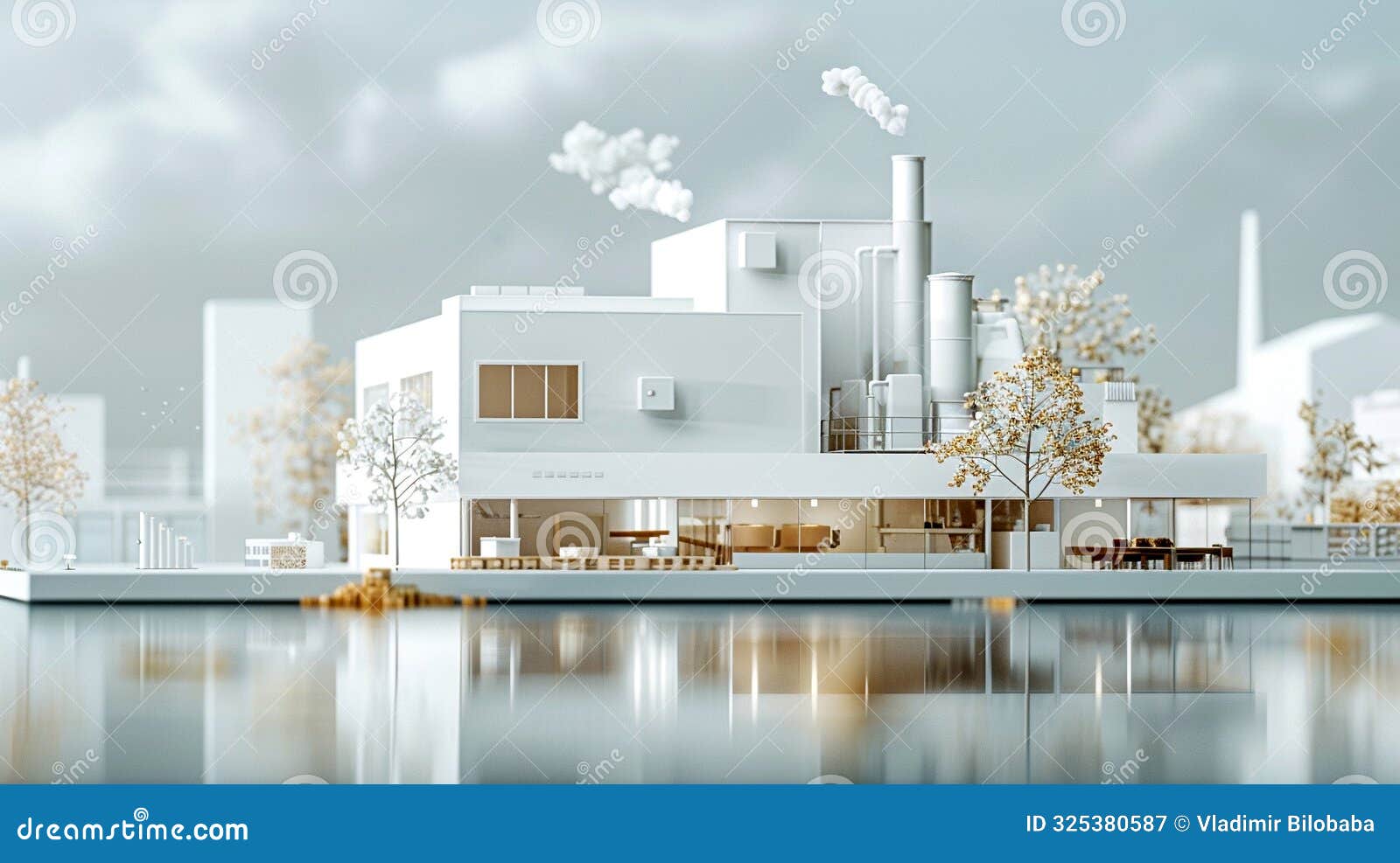 White Factory Building with Trees and Water Stock Illustration ...