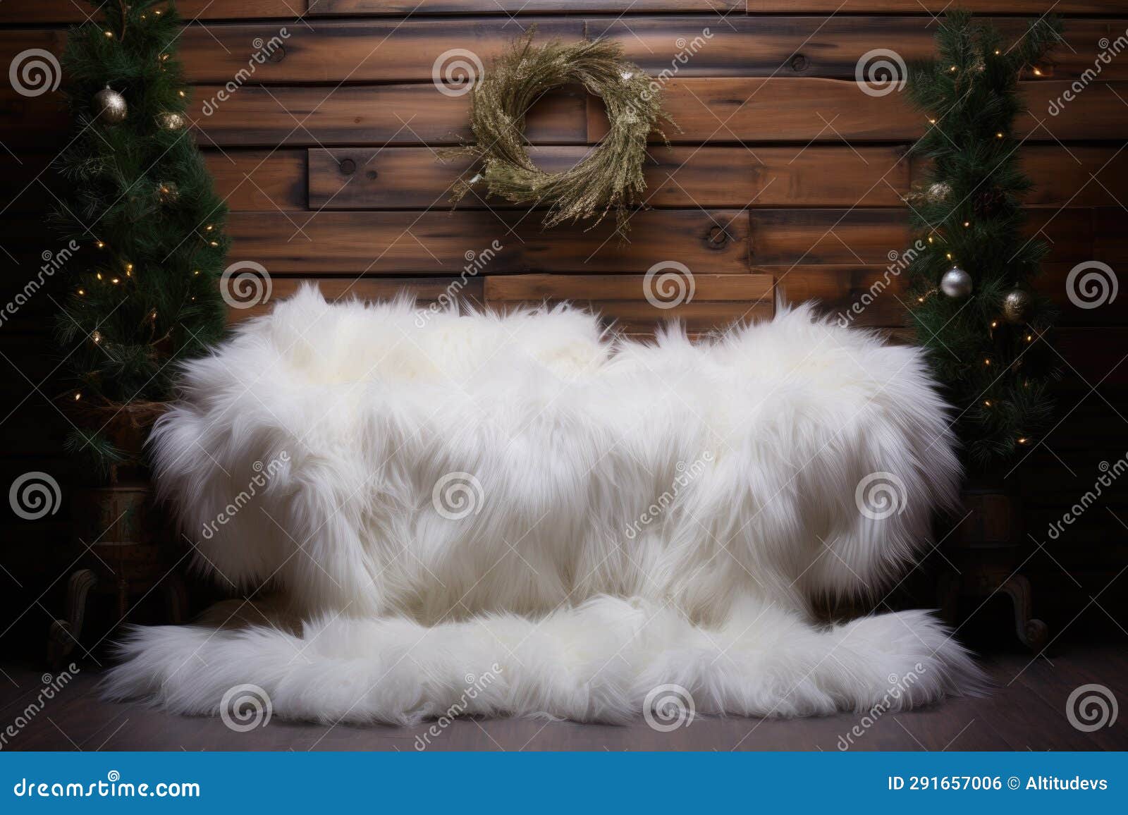 A White Feather Boa As a Faux Fur Rug in Front of a Pine Backdrop Stock ...