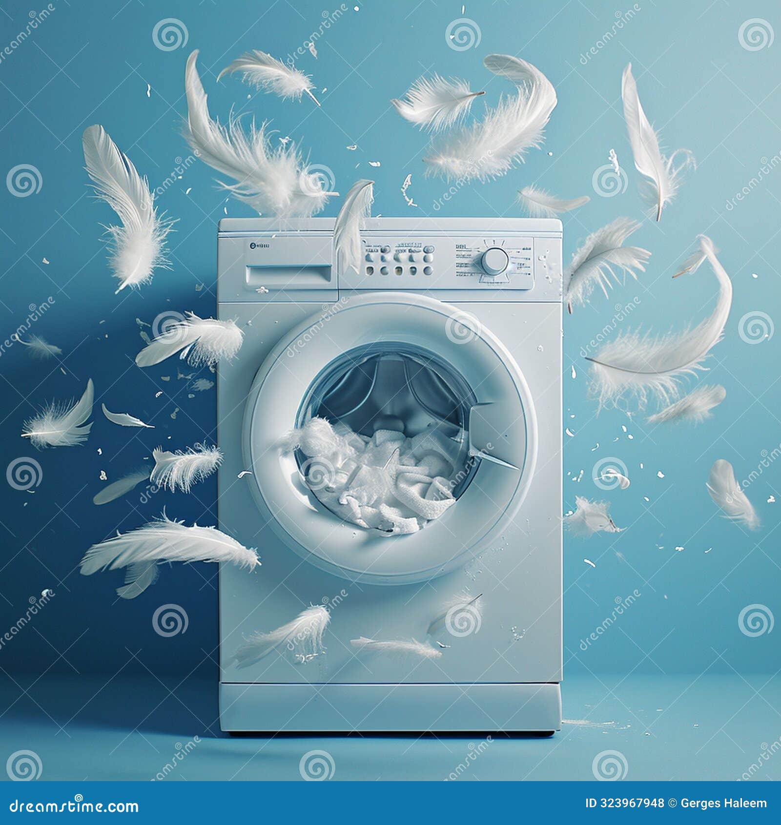 White Feathers Flying Out of a Front-Loading Washing Machine Stock ...
