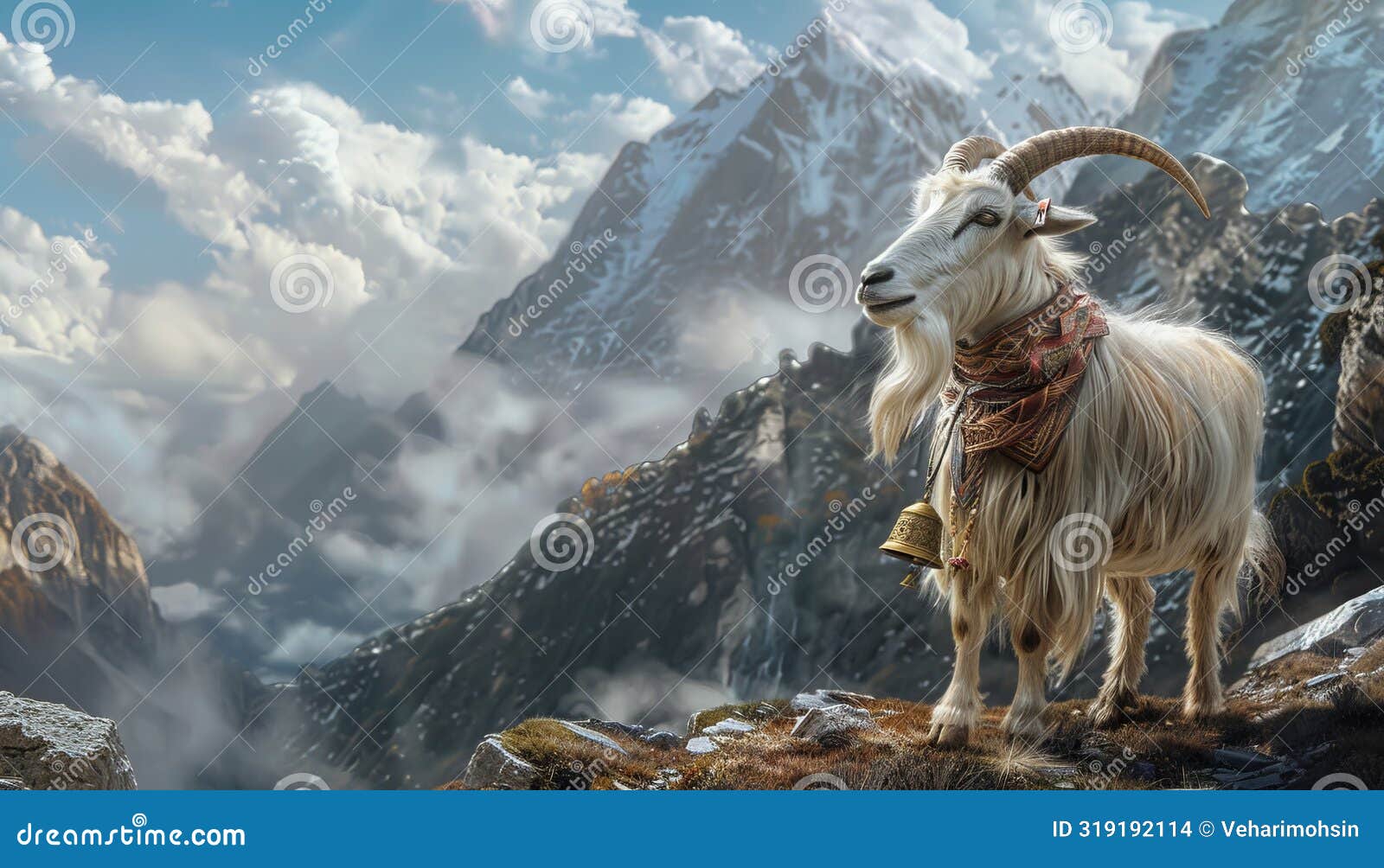 White Female Goat with Bell in Mountains Stock Illustration ...