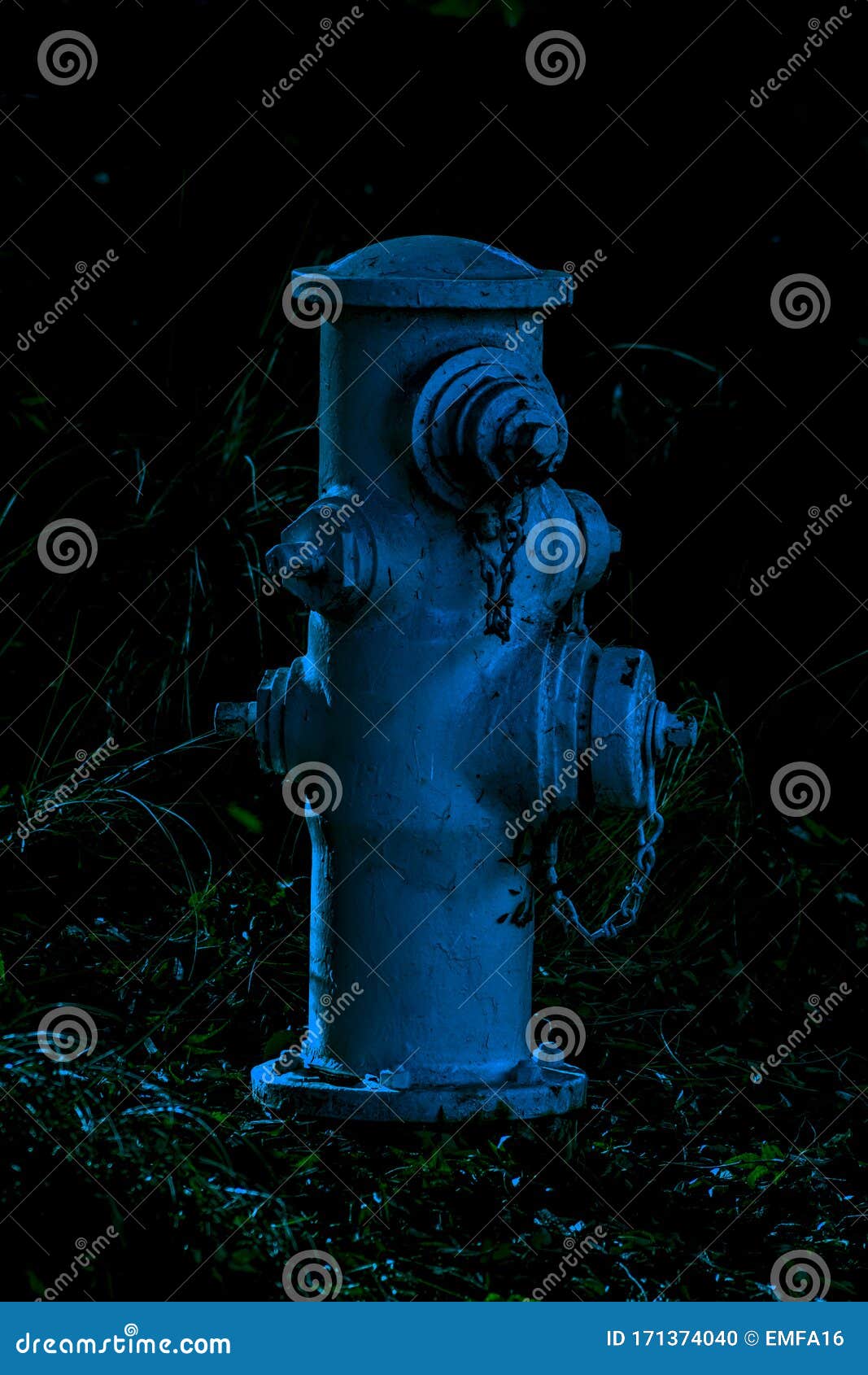 A White Fire Hydrant at Night with Blue Light Stock Photo - Image of ...