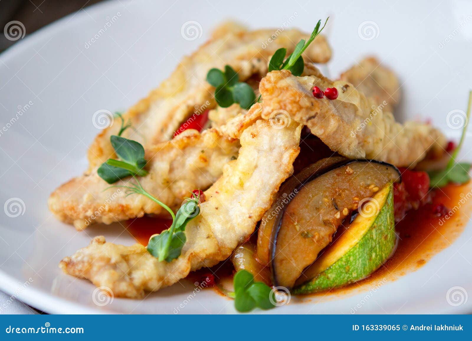 White Fish Fried in Slices with Vegetables Stock Image - Image of ...