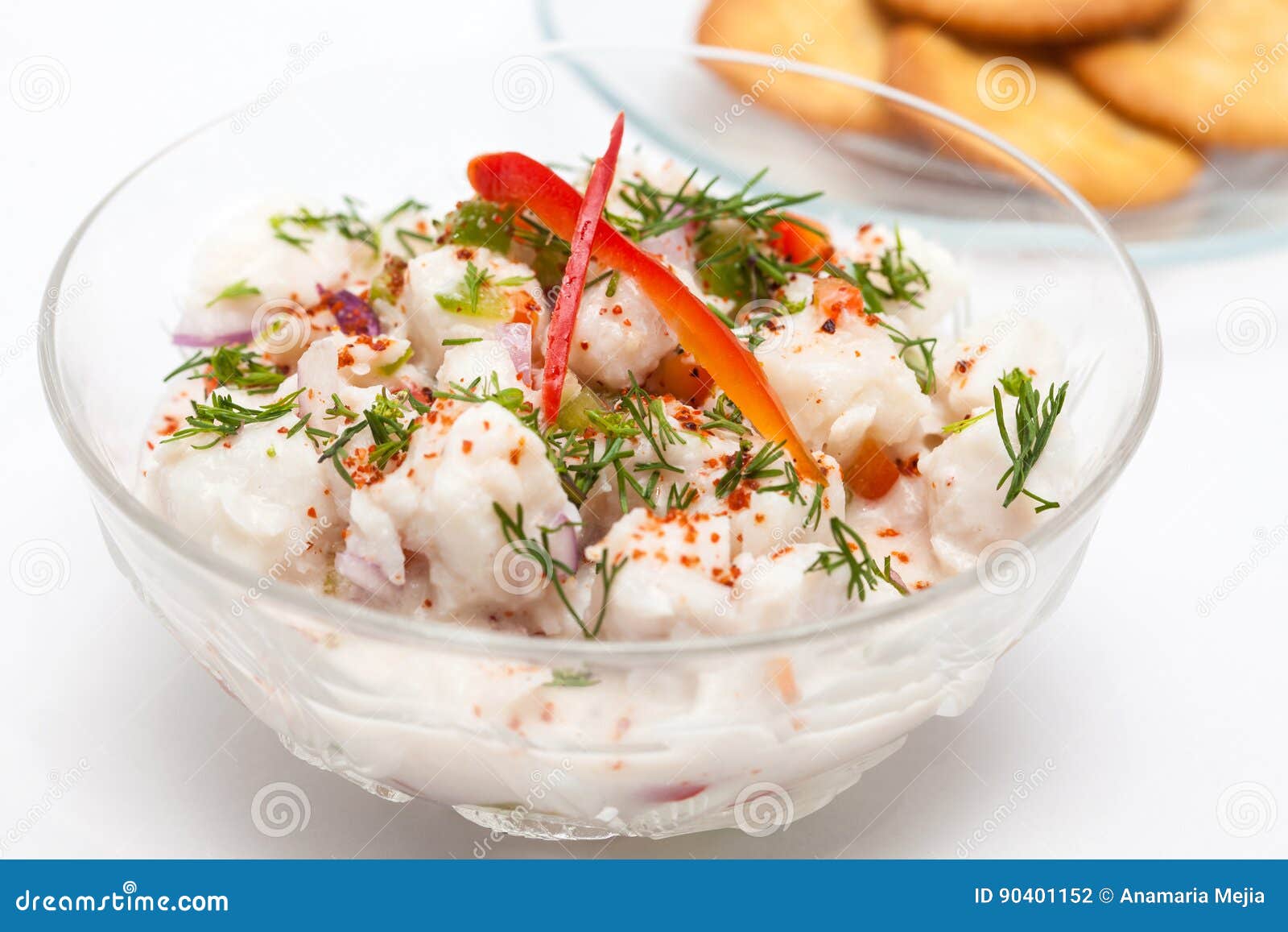 White Fish Peruvian Ceviche Served in a Transparent Bowl with Crackers ...