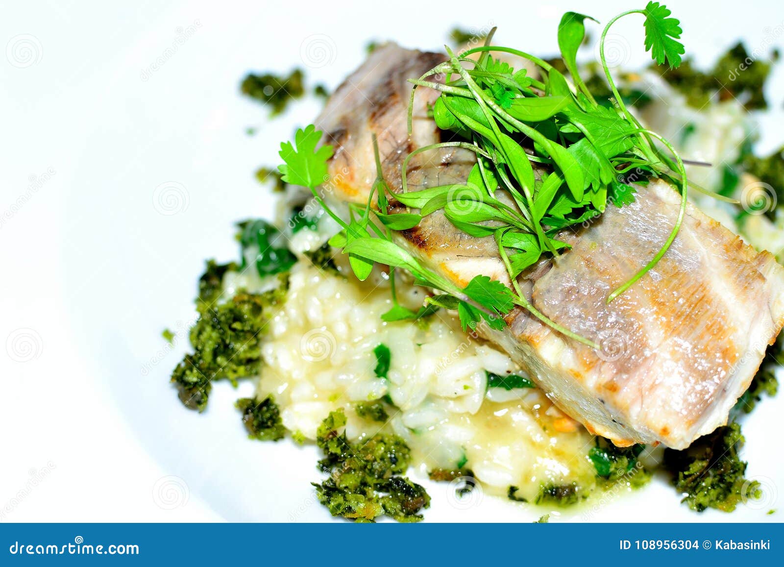 White Fish and Rice Risotto Stock Photo - Image of detail, leaf: 108956304