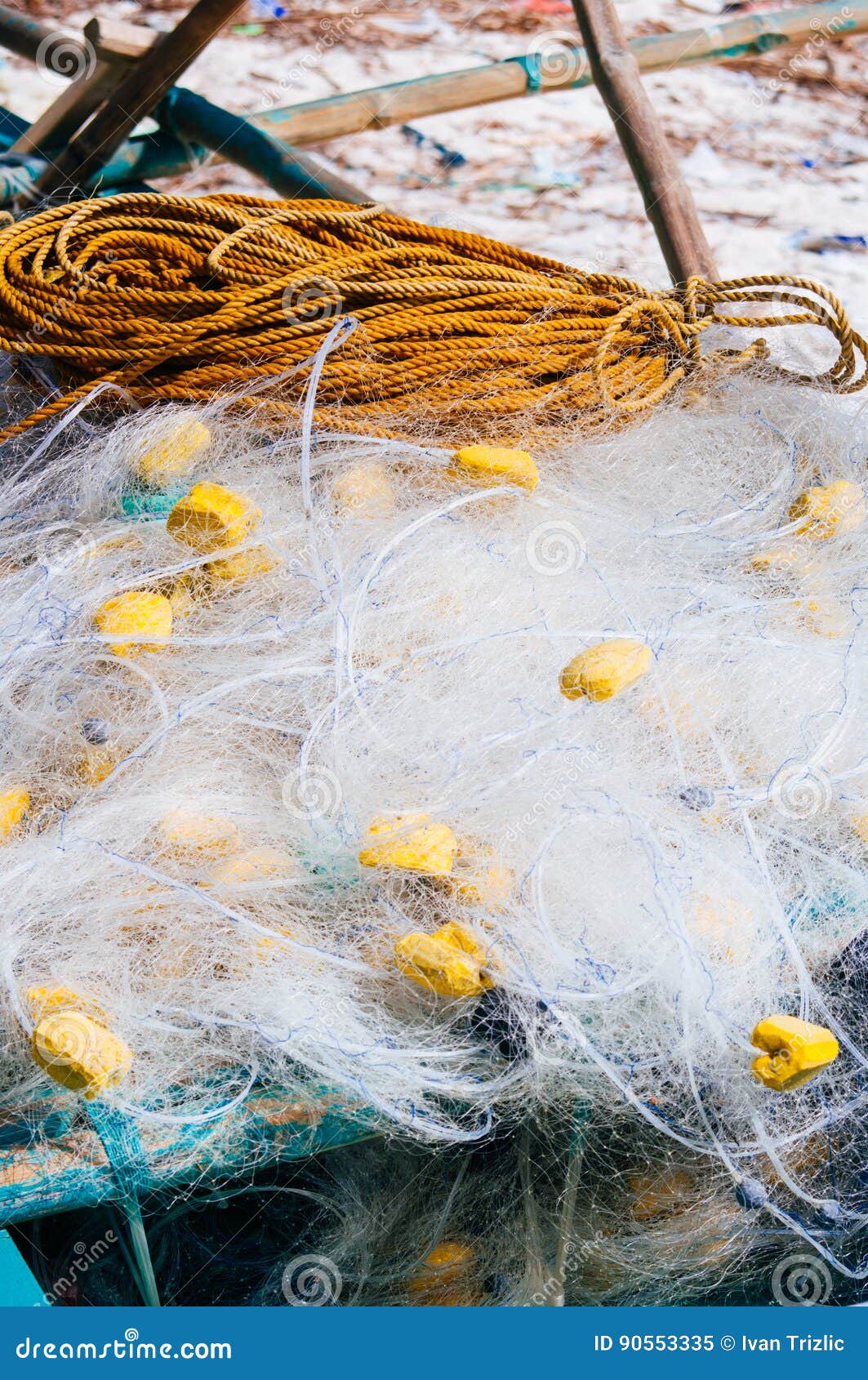 White Fishing Nets in the Blue Boat on the Beach Stock Image - Image of ...