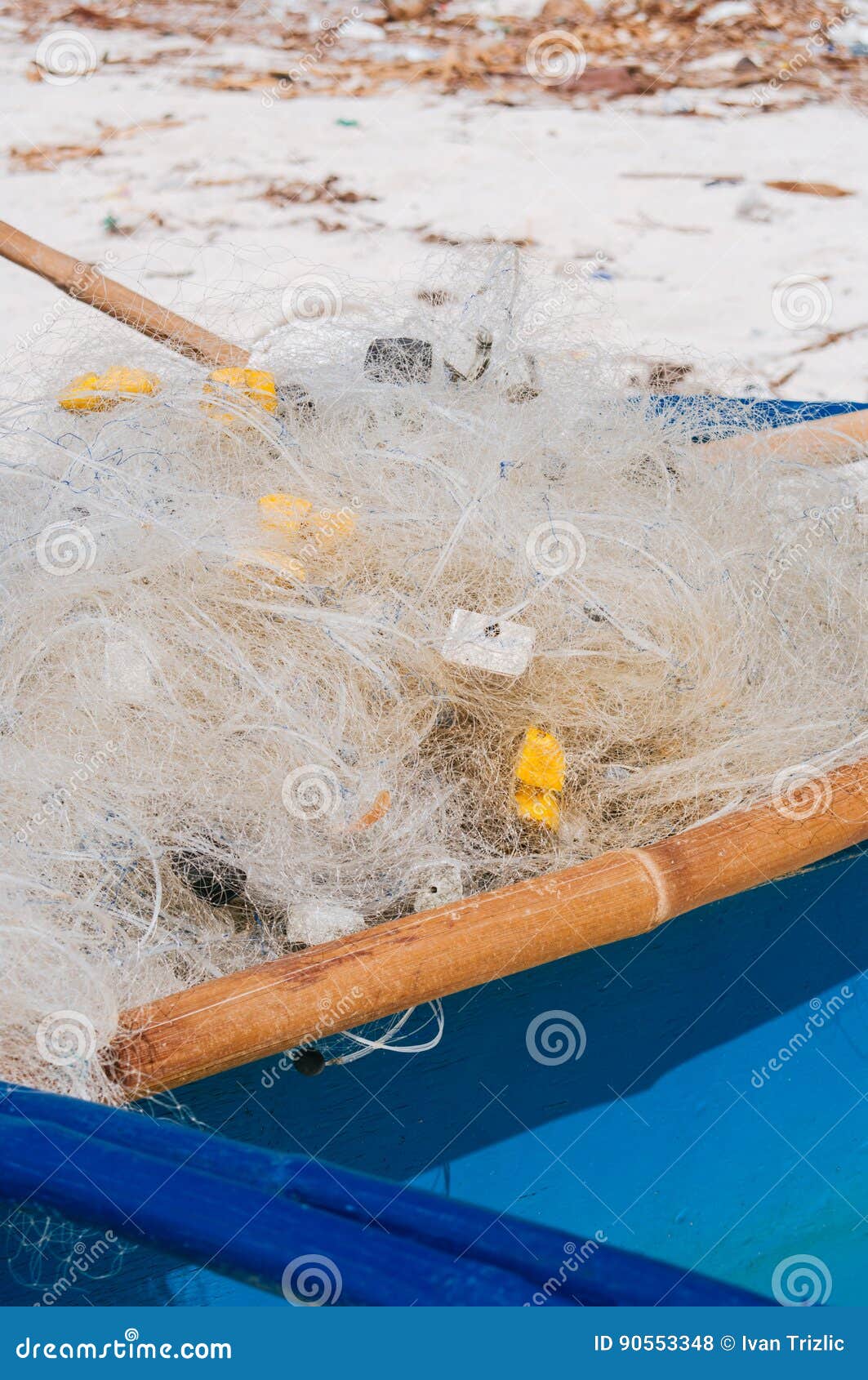 White Fishing Nets in the Blue Boat on the Beach Stock Photo - Image of ...
