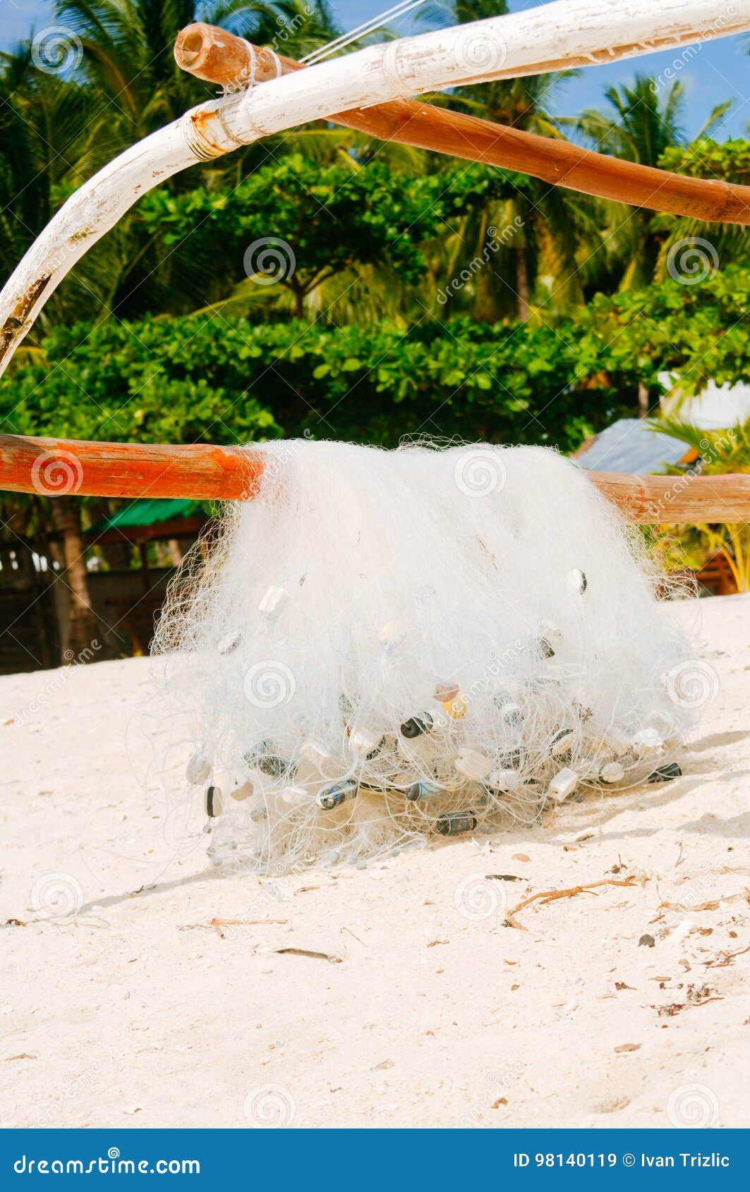White Fishing Nets in the Blue Boat on the Beach Stock Image - Image of ...