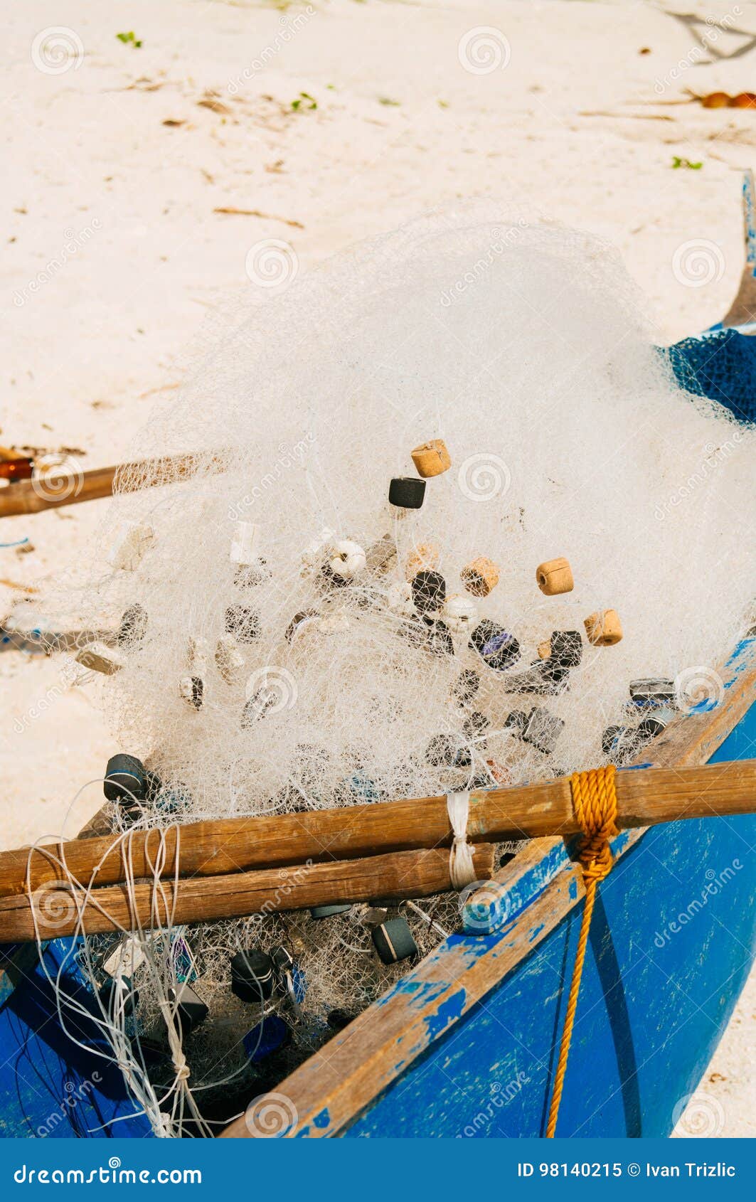 White Fishing Nets in the Blue Boat on the Beach Stock Image - Image of ...