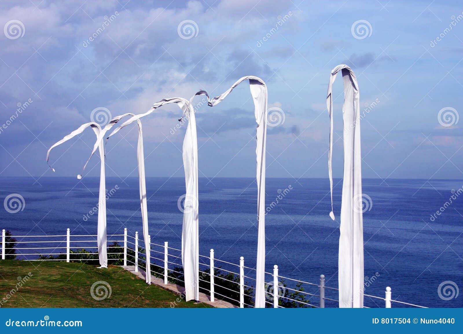 White Flags in the Wind beside Ocean Stock Photo - Image of landscape ...