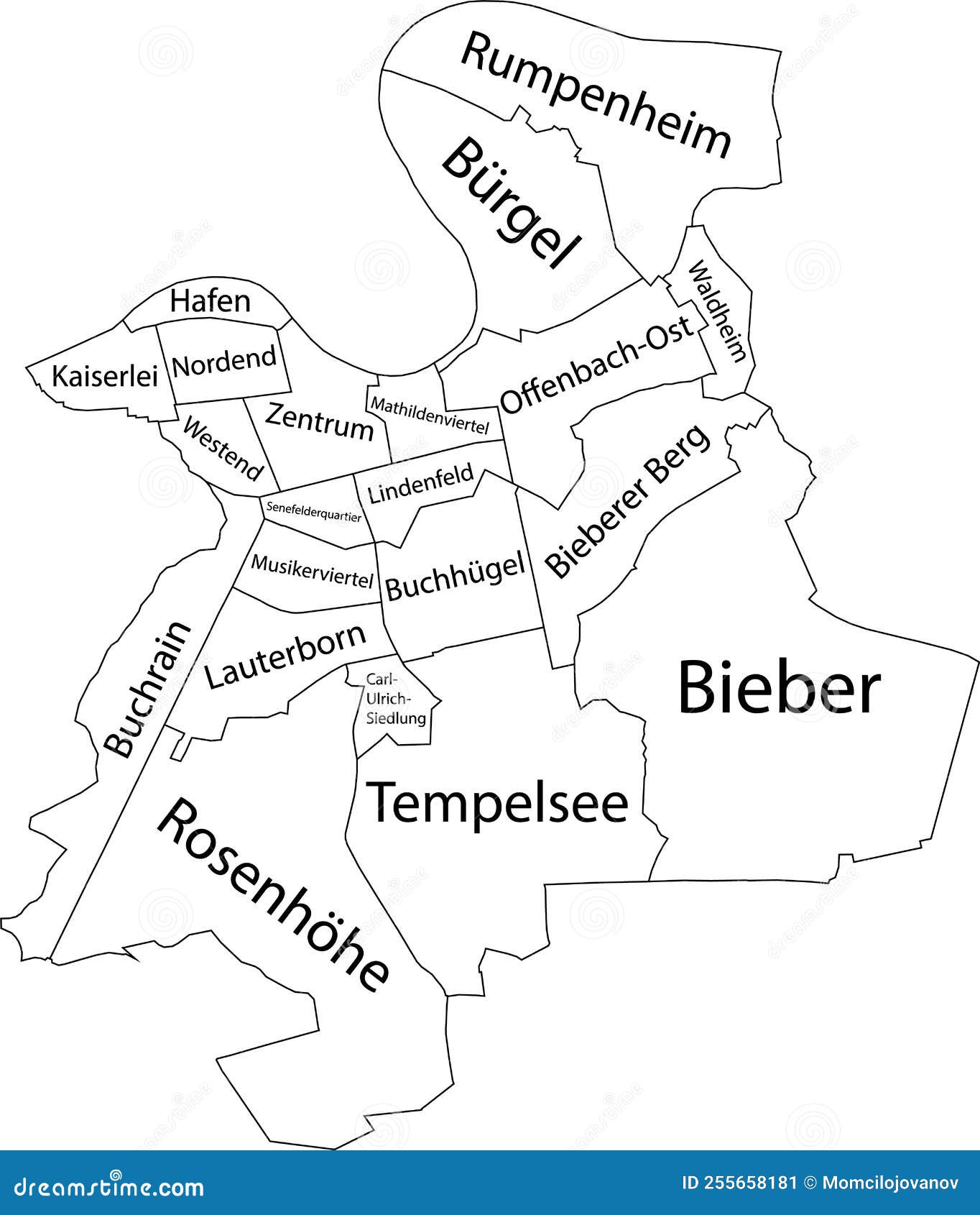 White Tagged Districts Map of OFFENBACH am MAIN, GERMANY Stock Vector ...