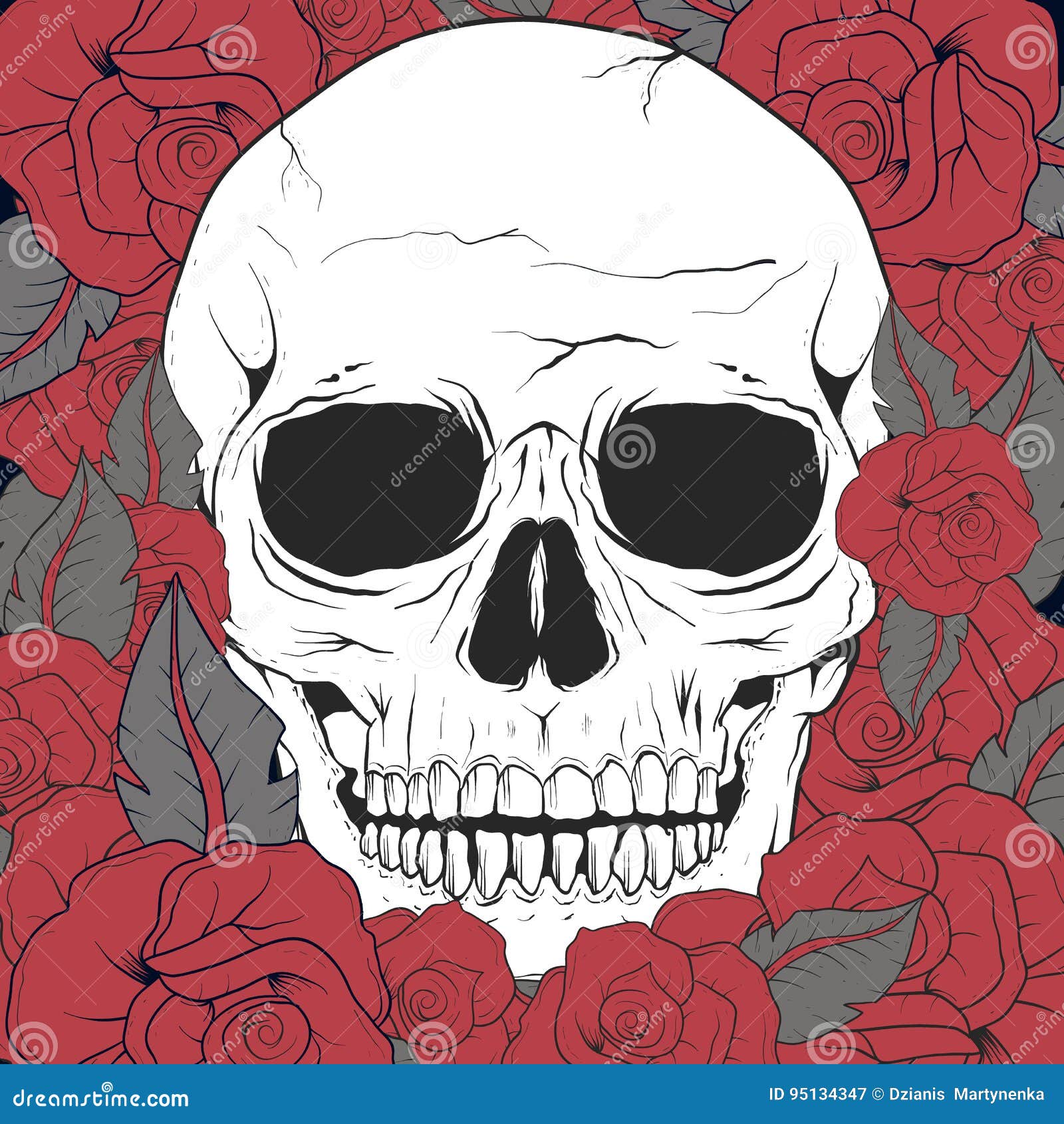 White Floral Skull with Red Roses Stock Vector - Illustration of rock ...