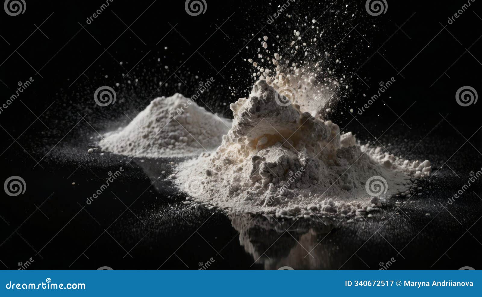 White Flour Exploding on Black Reflective Background Stock Image ...