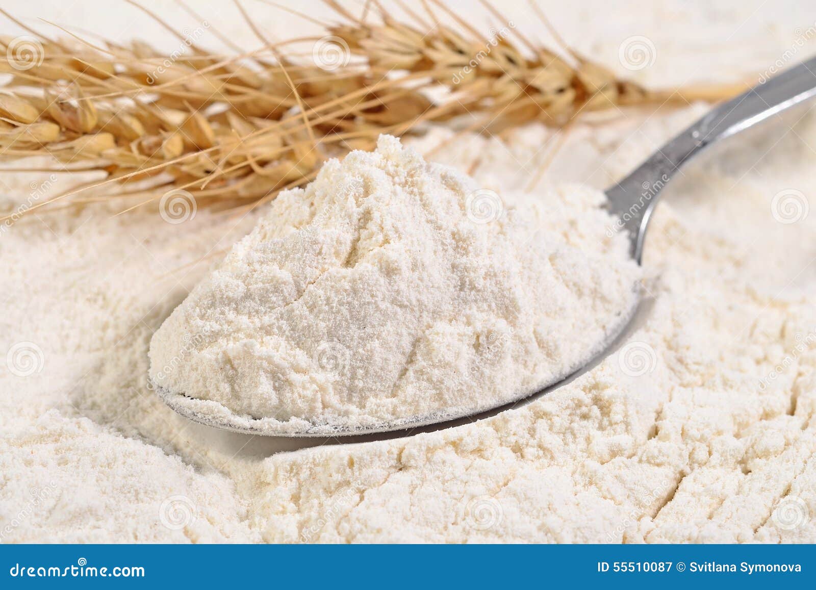 White Flour in a Spoon and Ears of Wheat Stock Image - Image of farming ...
