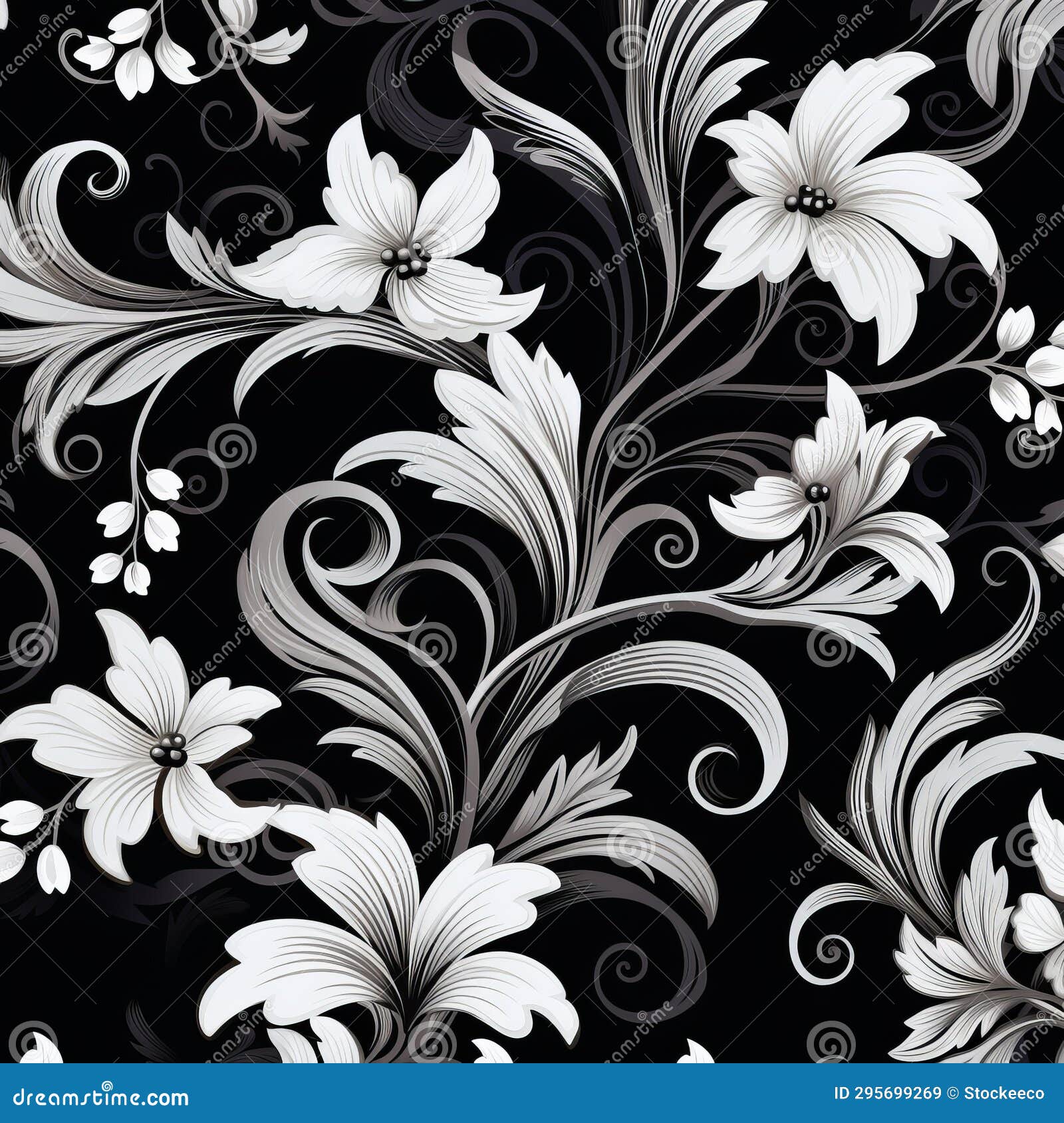 Floral Scroll Painting: Traditional Rococo Frivolity in Black and White ...