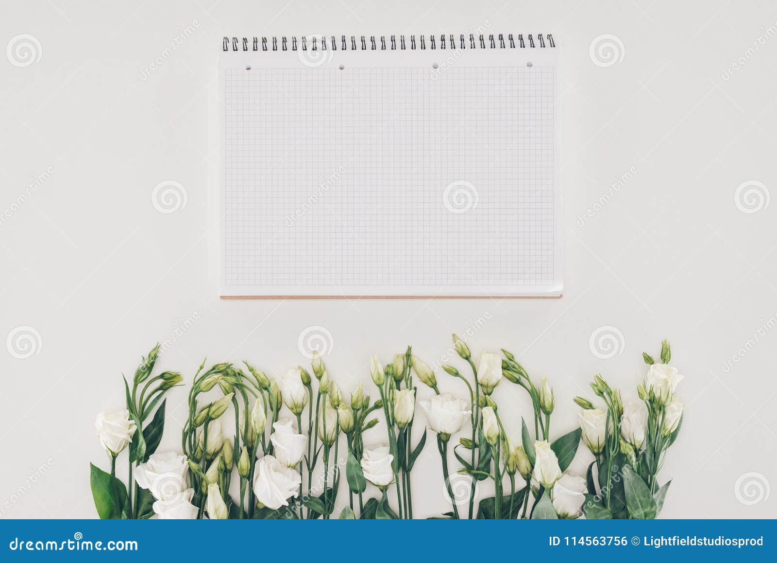 White Flowers and Blank Notebook on Grey Stock Photo - Image of ...