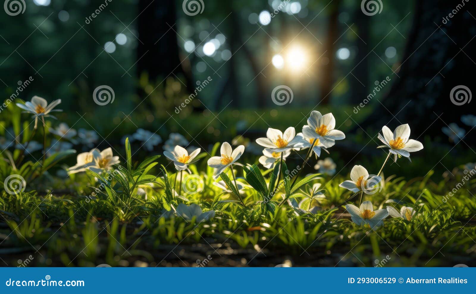 White Flowers in the Forest at Sunset Stock Illustration - Illustration ...