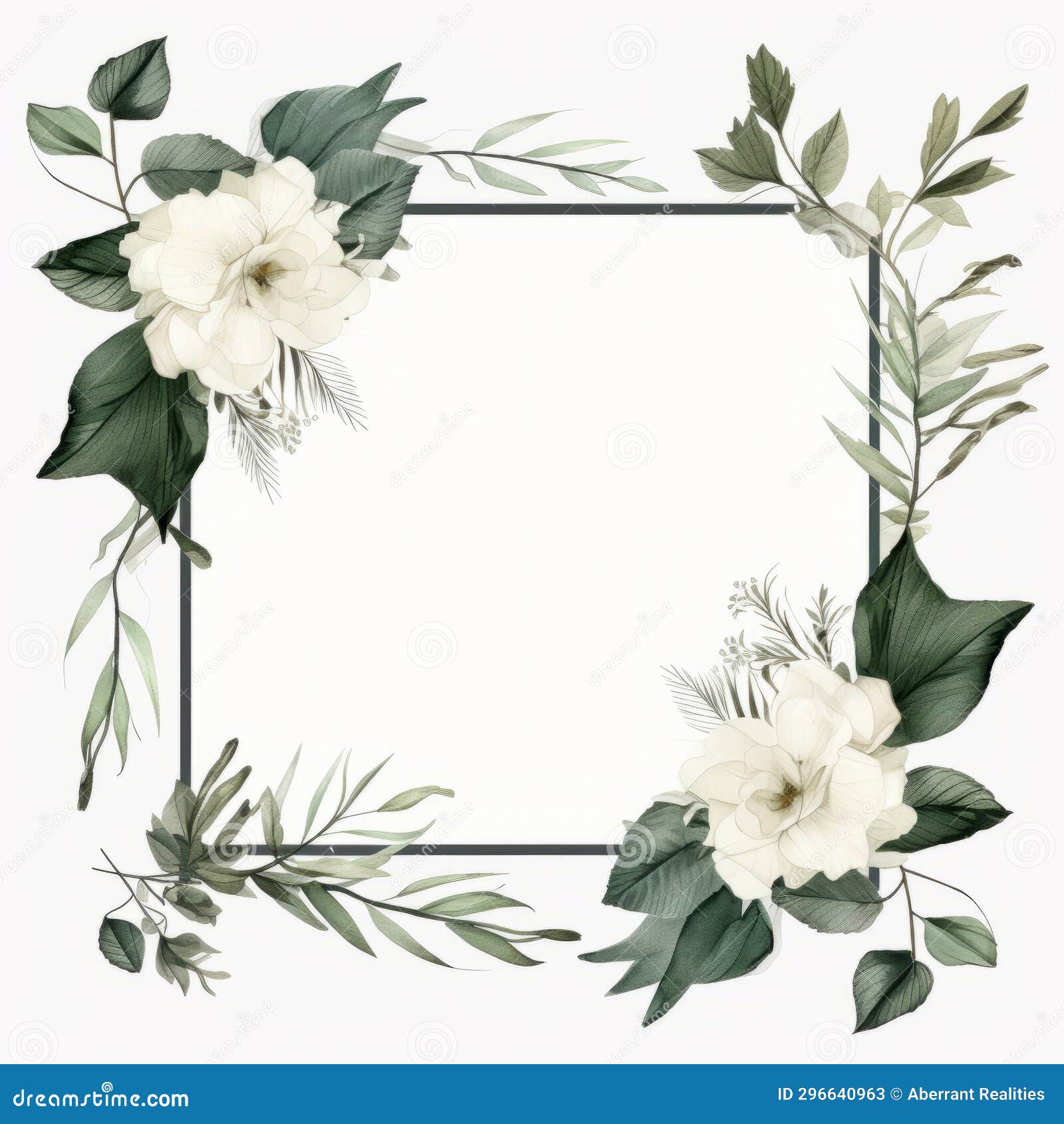 White Flowers and Leaves in a Square Frame on a White Background Stock ...