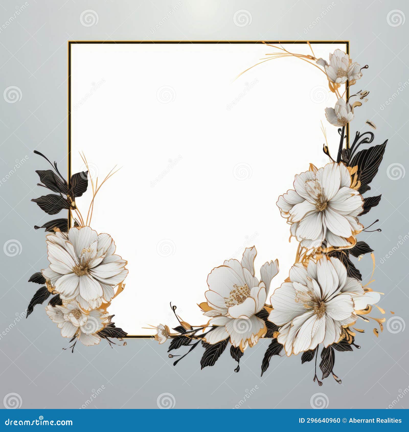 White Flowers and Leaves in a Square Frame on a Gray Background Stock ...