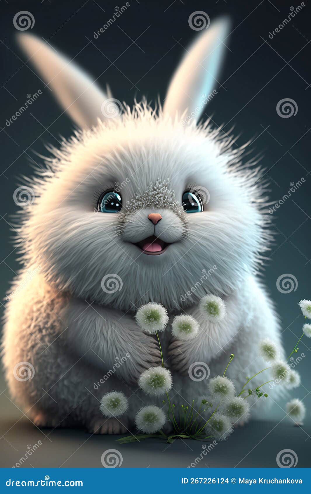White Fluffy Bunny with Flowers on a Dark Background Stock Illustration ...